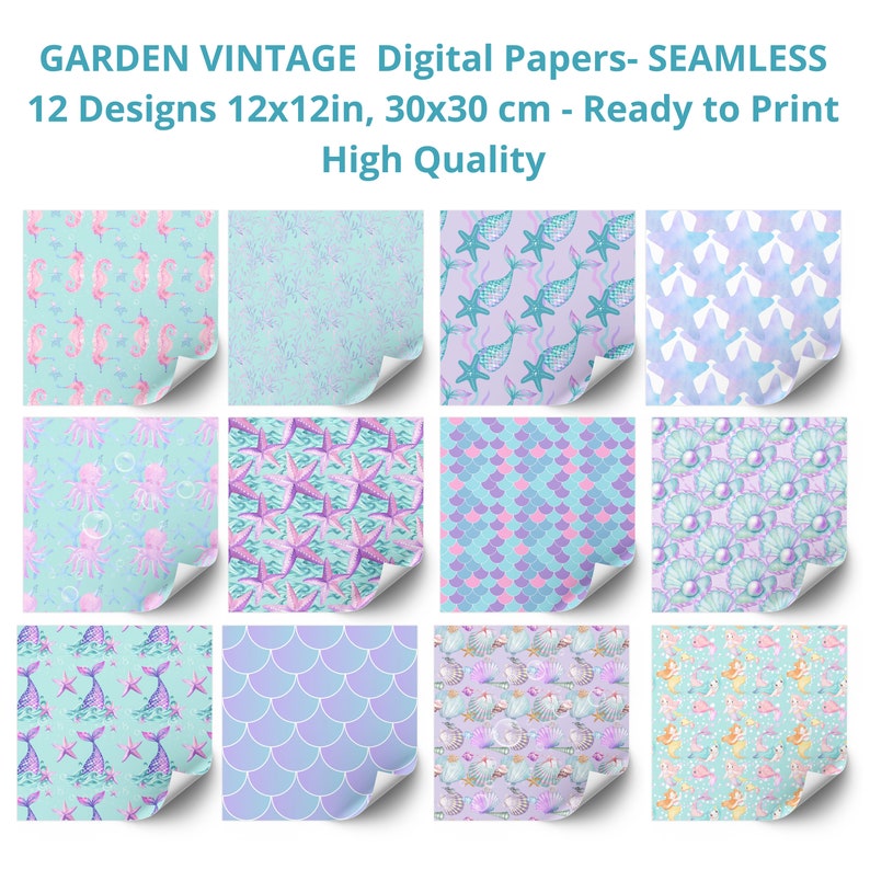Mermaid Digital Paper Watercolor Collection Blue Turquoise Kit ...