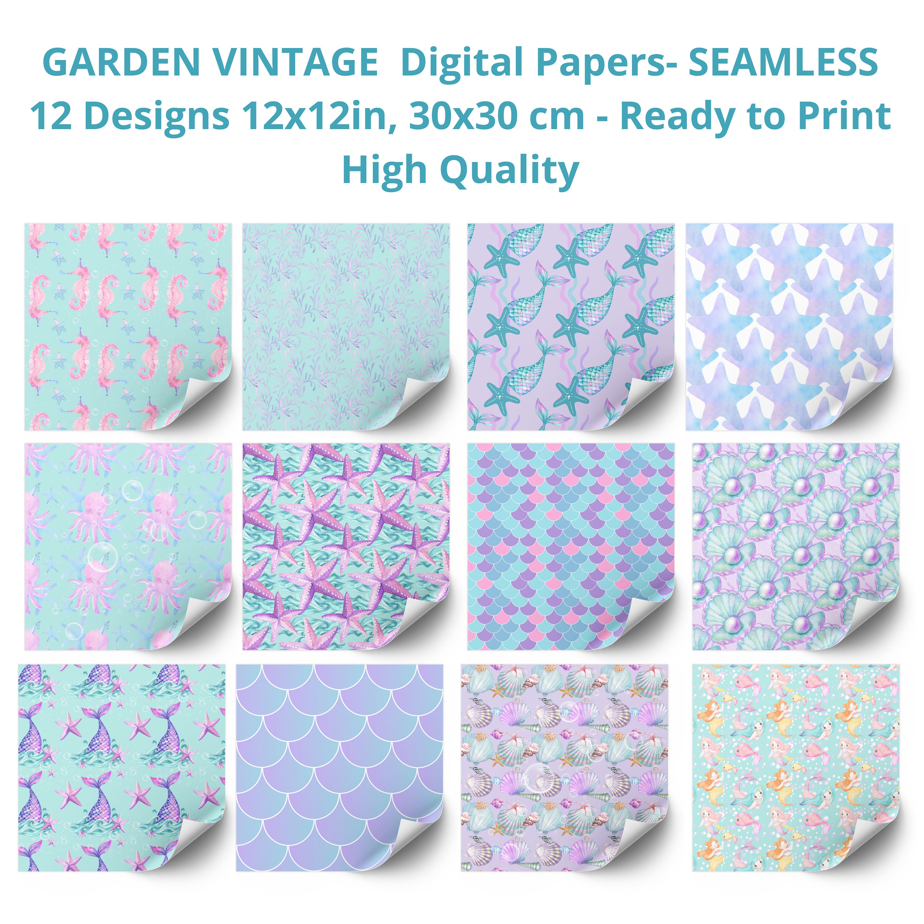 Mermaid Digital Paper Watercolor Collection Blue Turquoise Kit ...