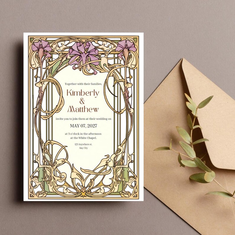The Aria - Art Nouveau Wedding Invitation Template, Printable Invitation, Vintage Floral Design ...