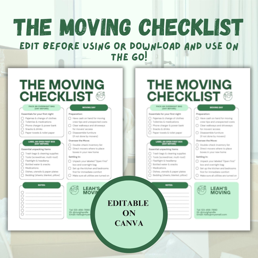 Home Moving Checklist | Relocation Planner (editable on Canva) - Etsy