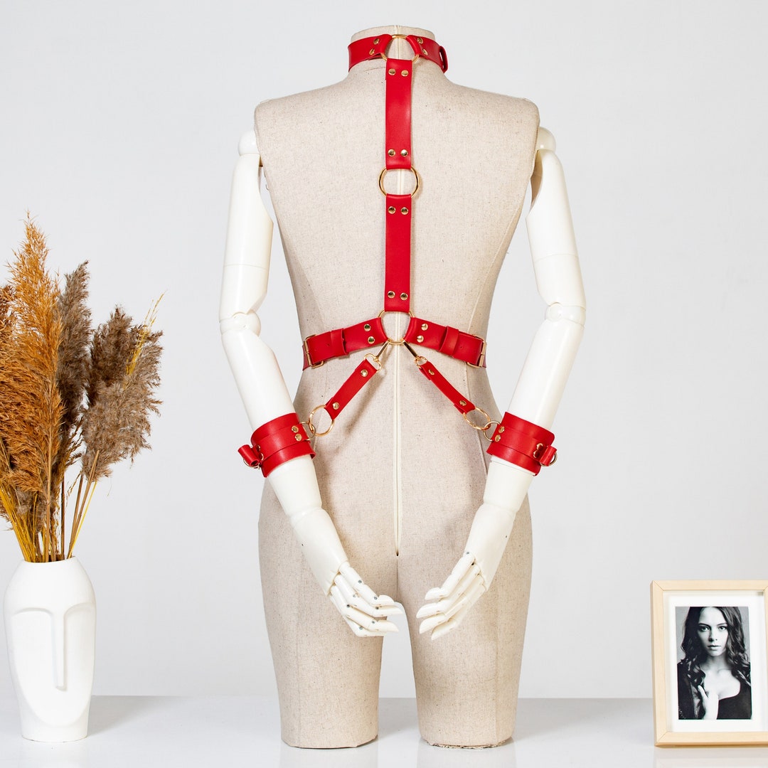 Plus Size BDSM Leather Harness Lingerie Set, Bondage Chest and Waist Harness Belt With Handcuffs ...