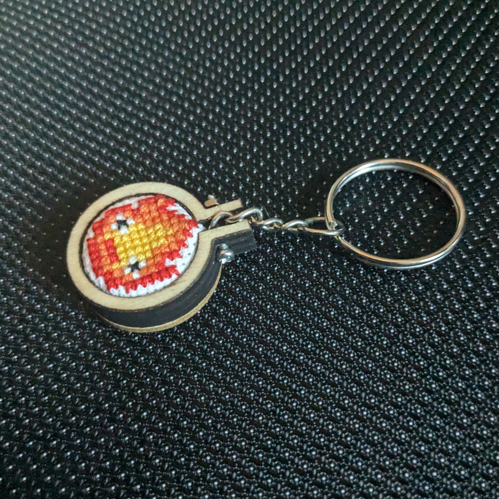 Cute Mini Calcifer Fire Demon Keychain - Wood With Cross Stitched Heart ...