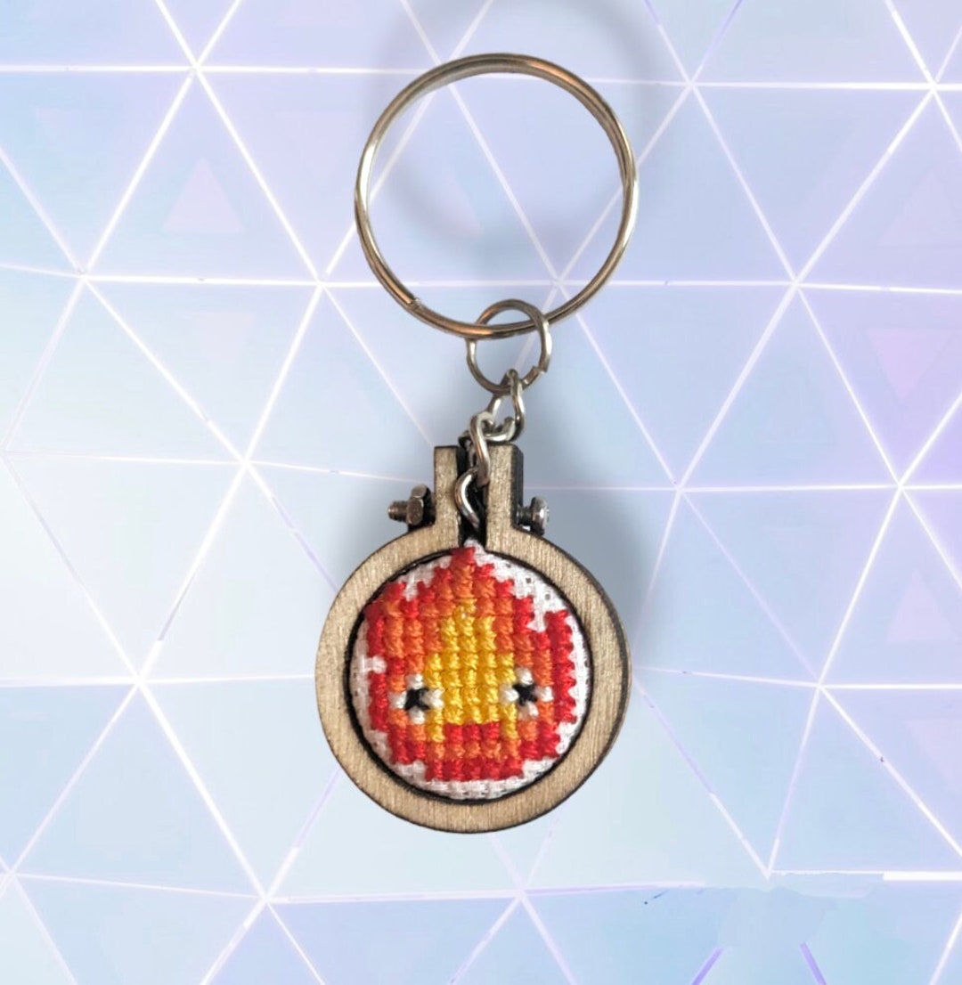 Cute Mini Calcifer Fire Demon Keychain - Wood With Cross Stitched Heart ...