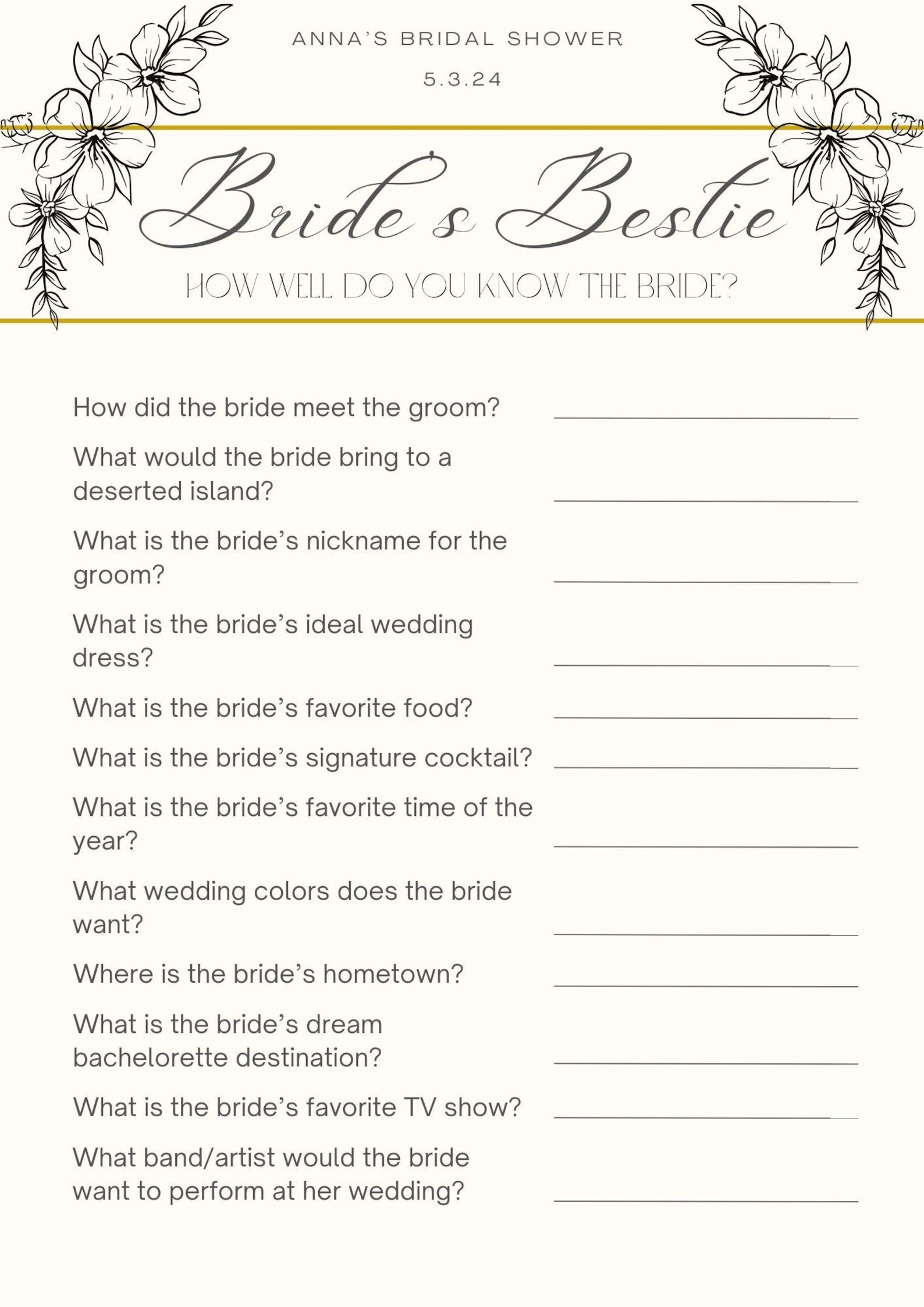 Fun Bridal Shower Game Printable Template Trivia Game for Bridal ...