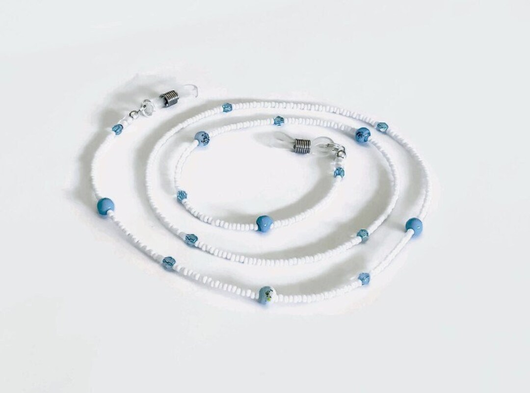 White and Light Blue Beaded Reading Glasses Chain. Eyeglasses Keeper ...
