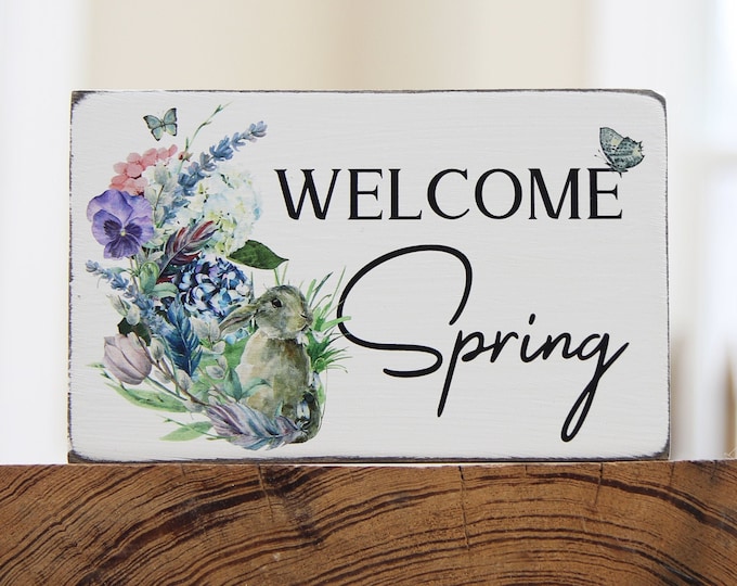 Tiered Tray Sign Welcome Spring With Rabbit and Flowers - Etsy