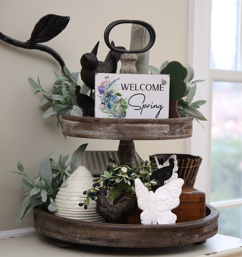 Tiered Tray Sign Welcome Spring With Rabbit and Flowers - Etsy