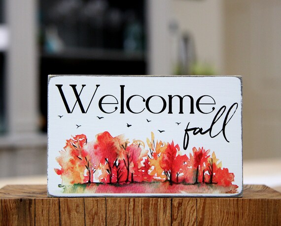 Fall Tiered Tray Sign Welcome Fall With Watercolor Trees and - Etsy