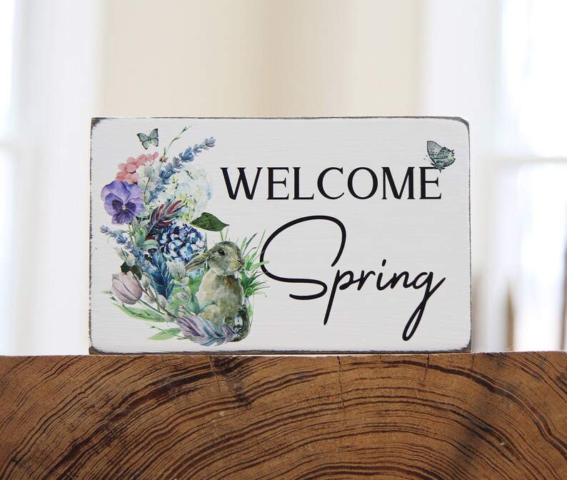 Tiered Tray Sign Welcome Spring With Rabbit and Flowers - Etsy