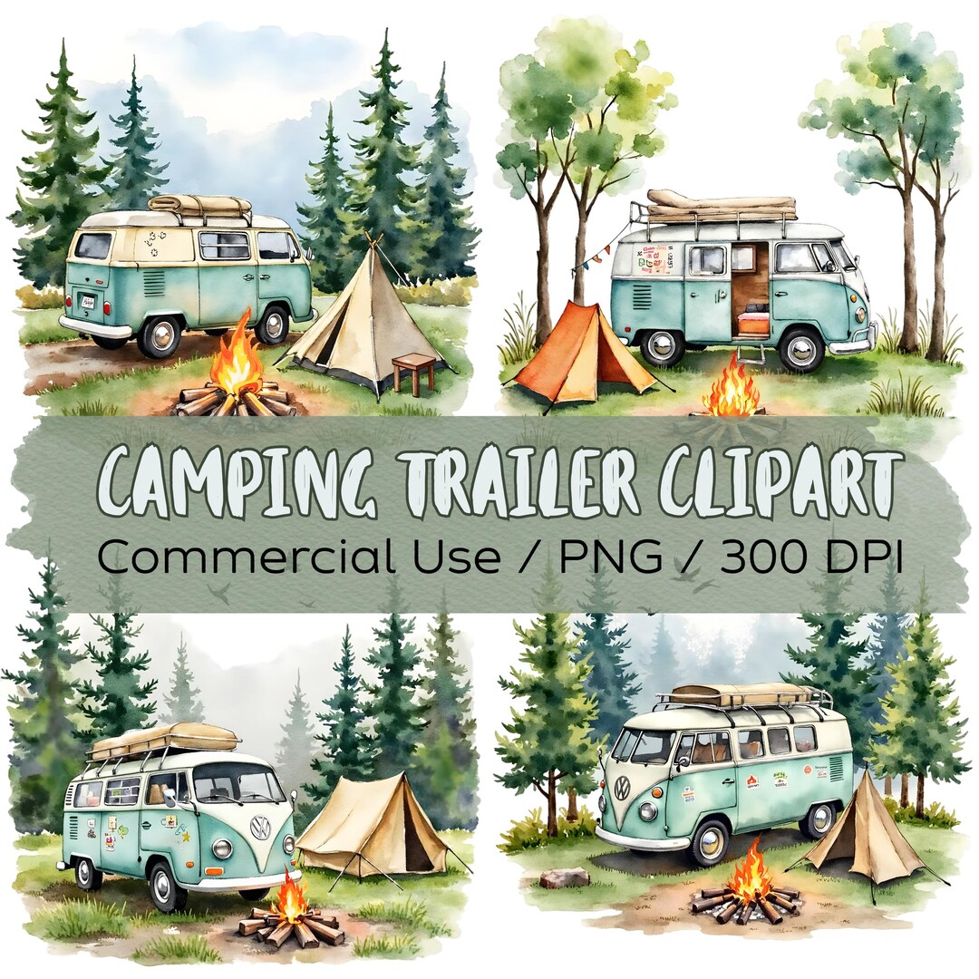 Watercolor Camper Van Clipart Bundle, Vintage, Forest Campfire, Boho ...