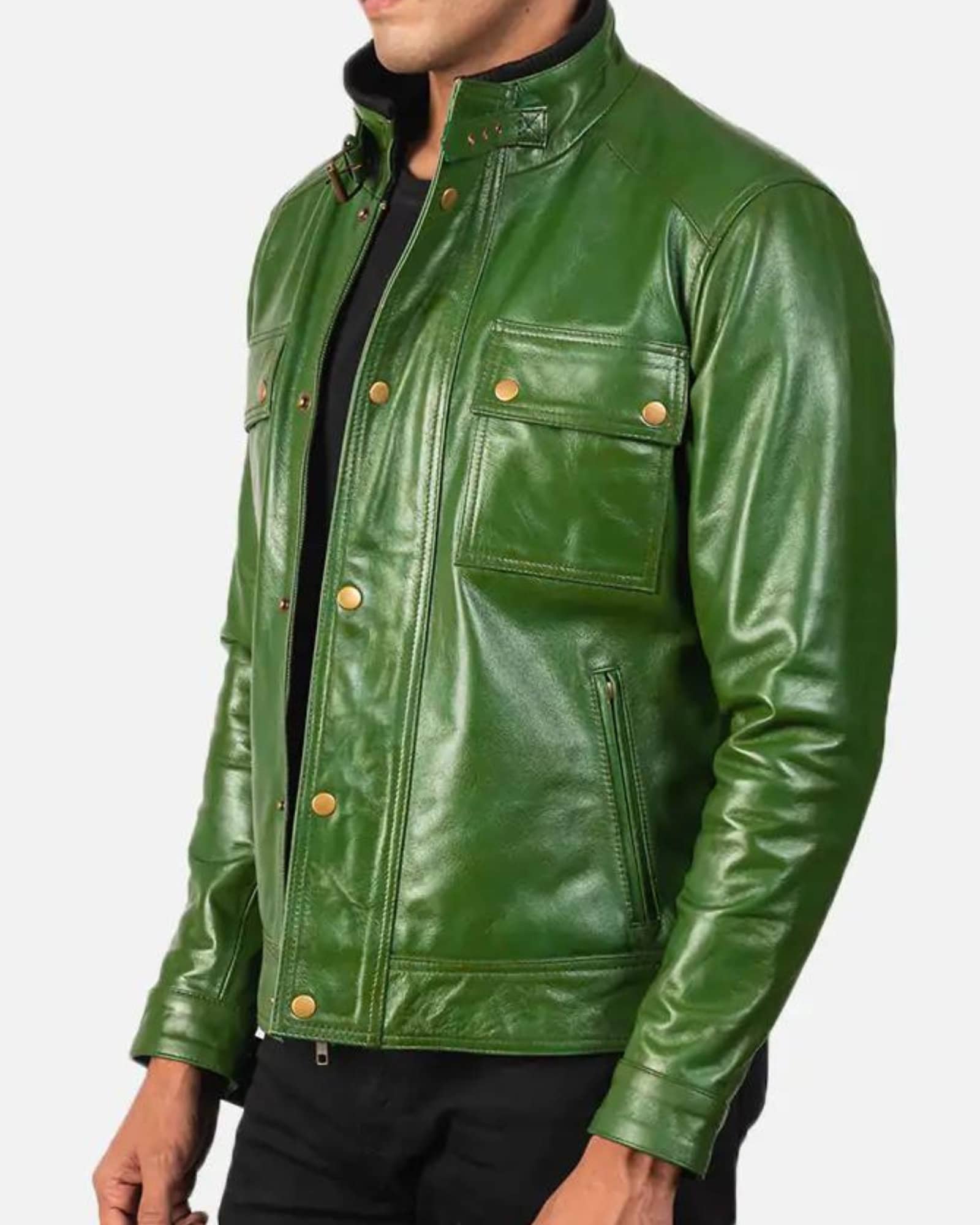 Darren Leather Biker Jacket, Green Leather Bomber Jacket With Gold ...