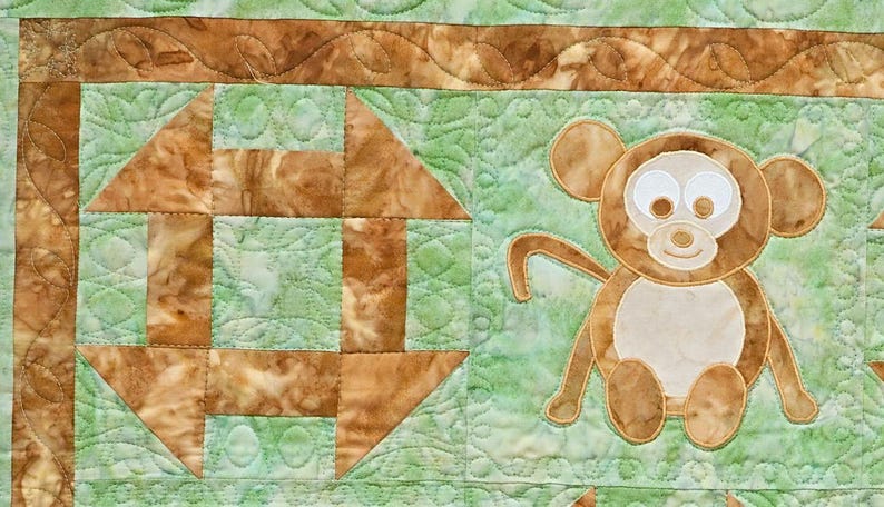 Monkey Business Baby Quilt - Applique Animal Jungle Pattern - Baby Gift ...