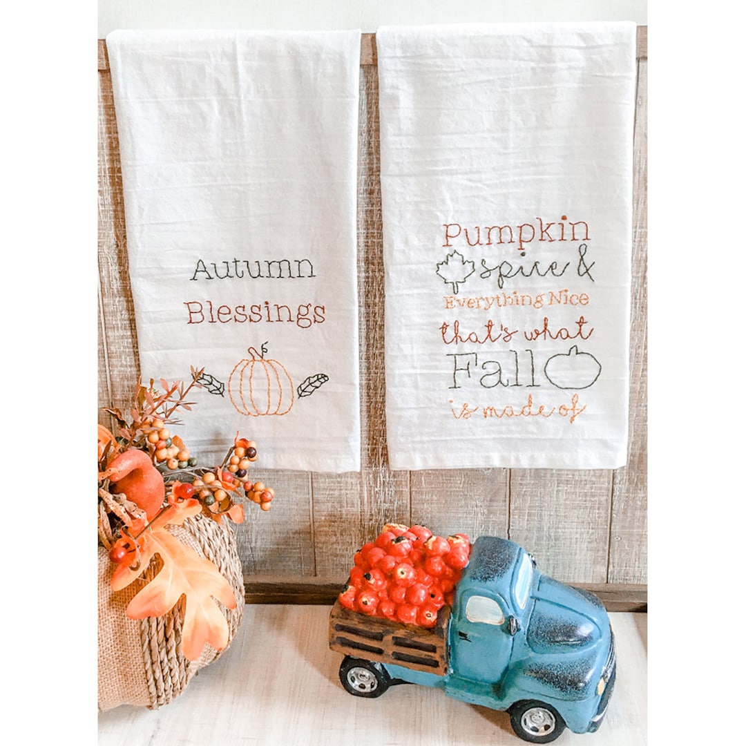 Autumn Tea Towel Stitchery - Kitchen Embroidery - Fall Fabric - Sewing ...