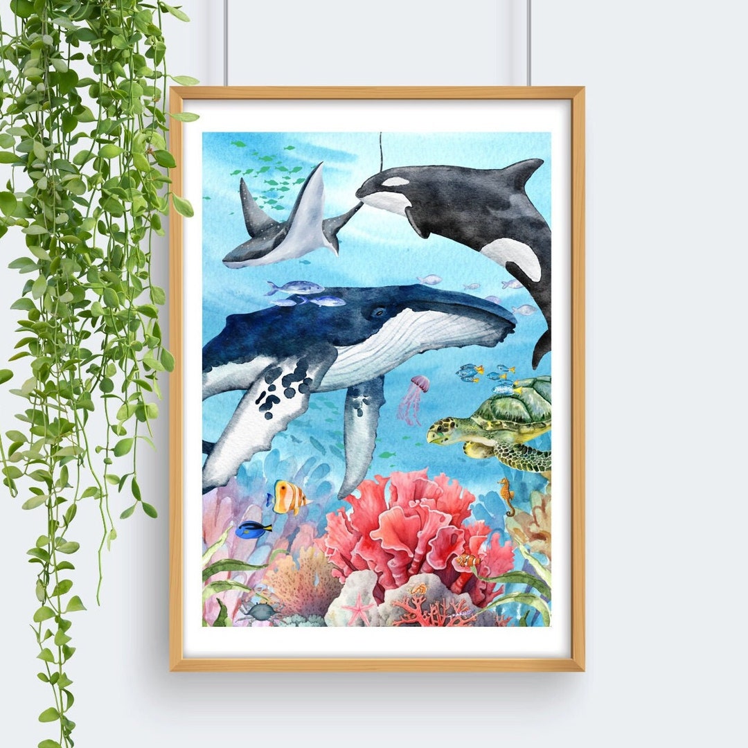 Printable Ocean World Sea Animal Poster Whale Turtle Orca Coral Reef ...