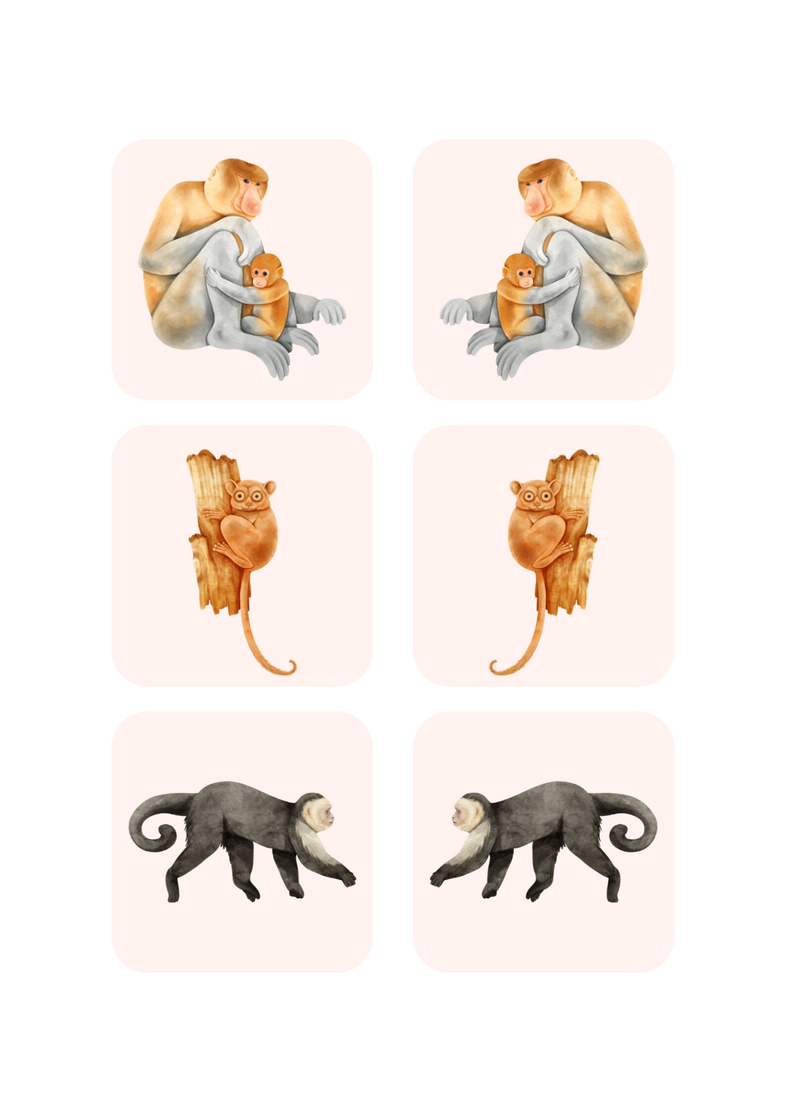 Printable Primate Matching or Memory Game, Monkey Card Game, Montessori ...