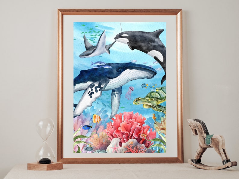 Printable Ocean World Sea Animal Poster Whale Turtle Orca Coral Reef ...