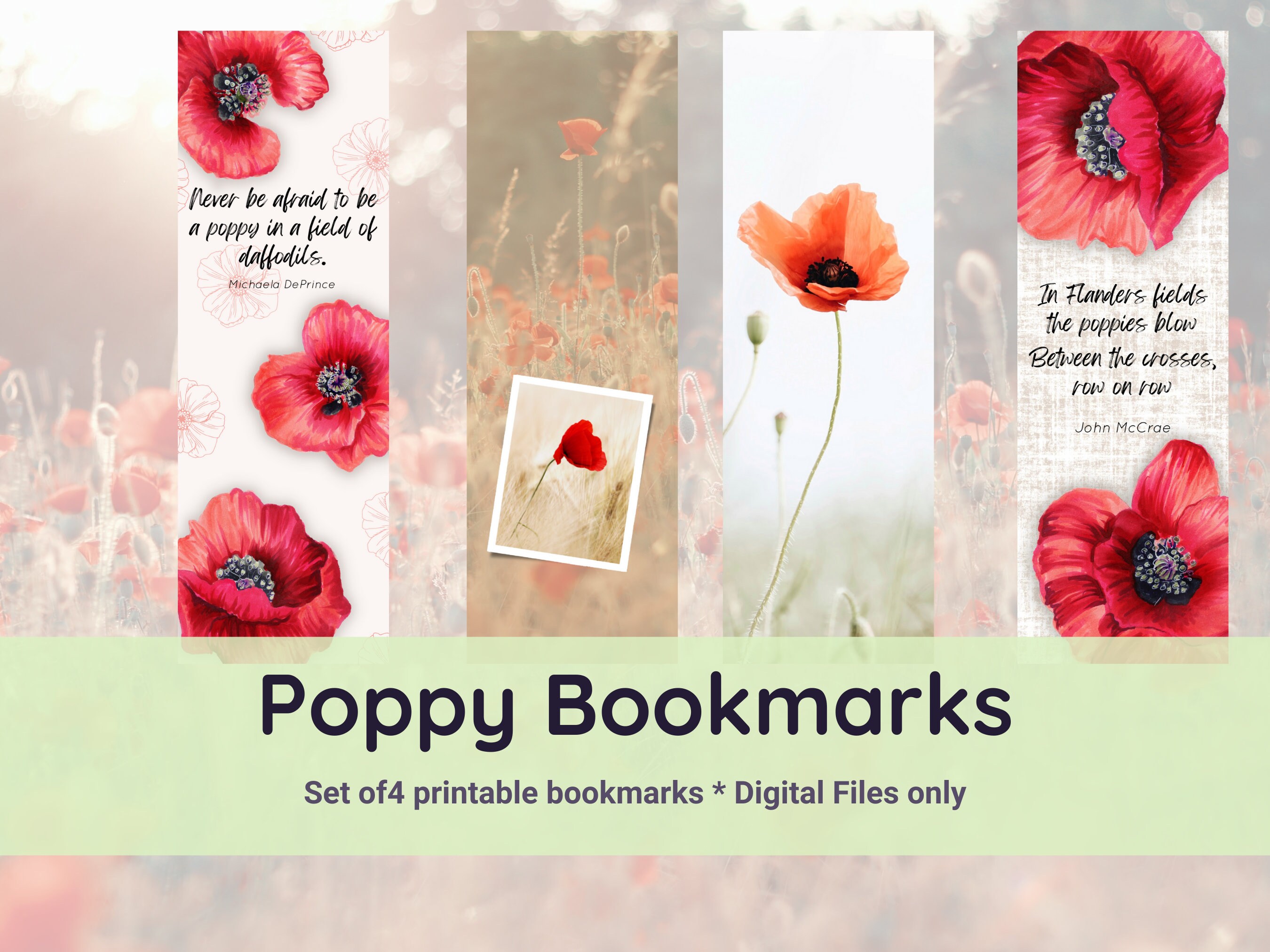 Poppy Printable Bookmarks, Set of Four, Instant Download - Etsy