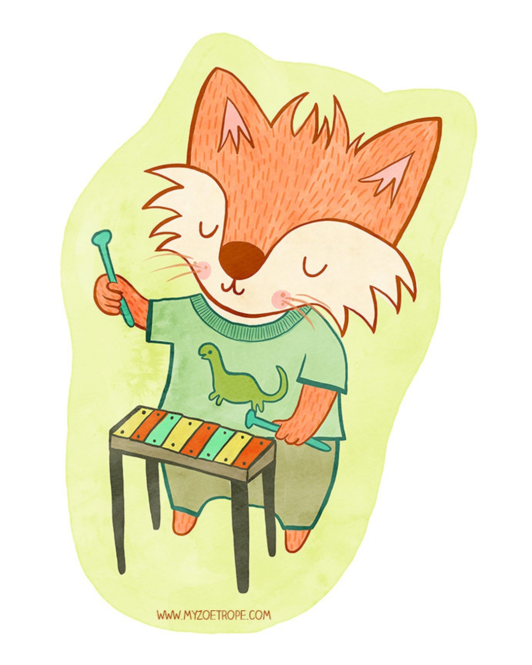 Fox With a Xylophone - Orange Fox Nursery Art, Fox Illustration, Fox ...