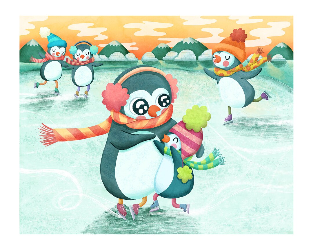 Penguins Ice Skating - Cute Penguin Print Arctic Nursery Art for Kids ...