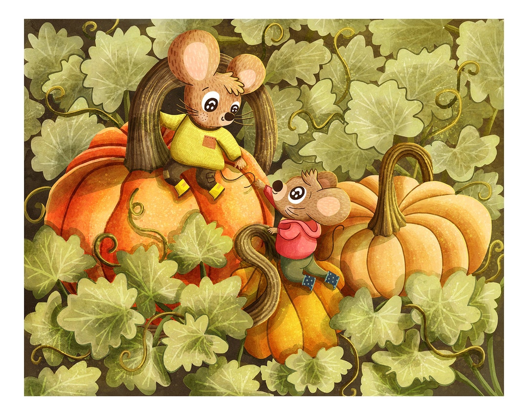 Fall Mice in Pumpkin Patch - Cute Mice Print Autumn Cute Animals Mouse ...