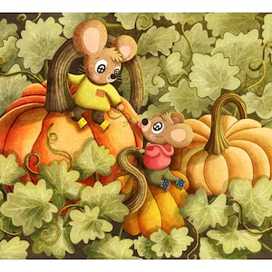 Fall Mice in Pumpkin Patch - Cute Mice Print Autumn Cute Animals Mouse ...