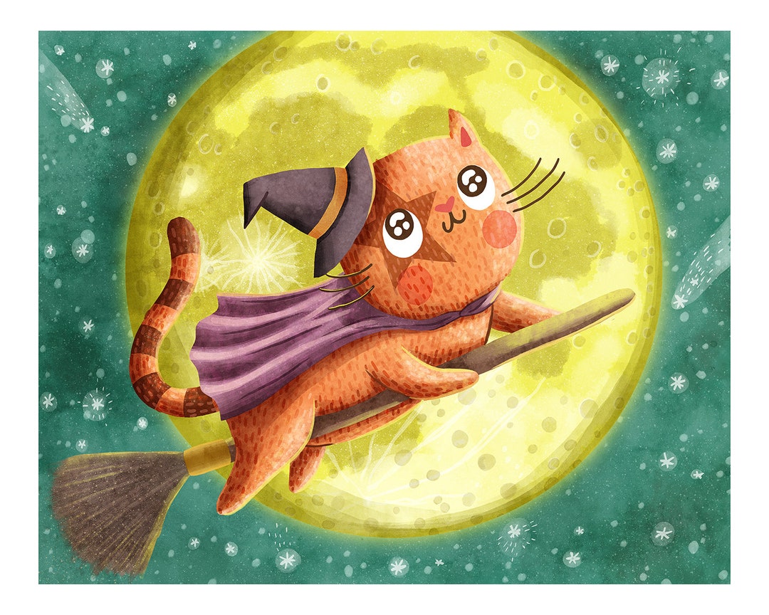Cat Witch Art Print: Halloween Illustration for Cat Lovers - Etsy