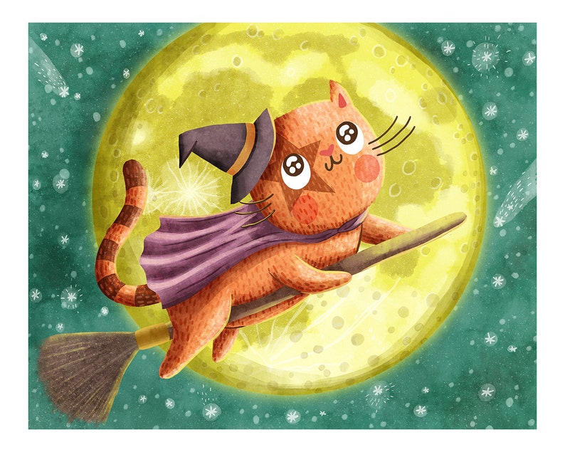Cat Witch Illustration Halloween Illustration Art Print Cat - Etsy