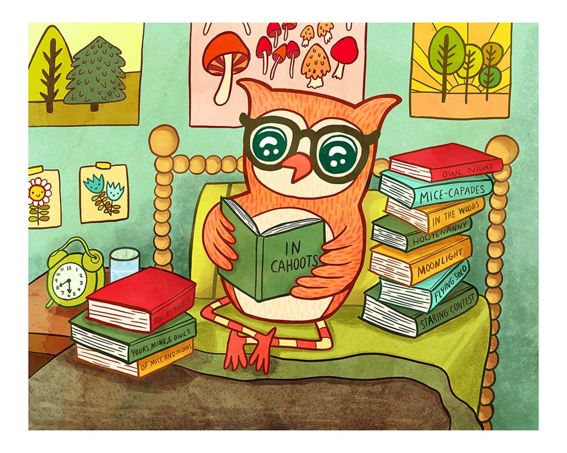 Owl Reading Books Print Owl Print Nursery Art Owl Art Gift - Etsy
