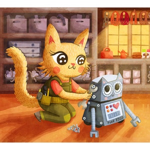 Cat Robot Art Print- Cute Cat Print Mechanic Illustration for Kids Room ...