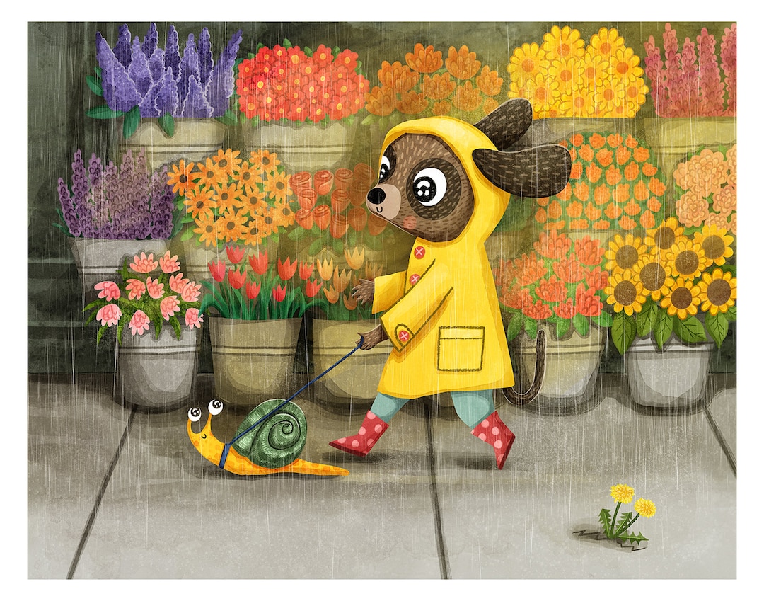 Rainy Day Walk Art Print- Cute Dog Print Snail Nursery Art for Kids ...
