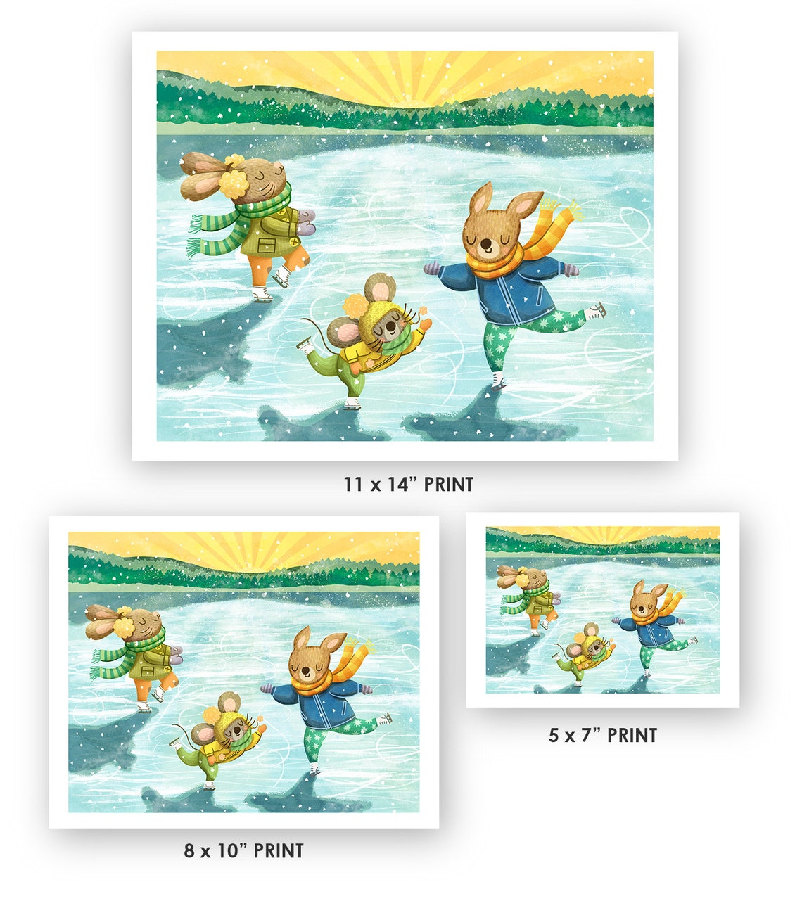 Sunny Ice Skating Animals - Cute Winter Print Snowy Cute Animals Ice ...