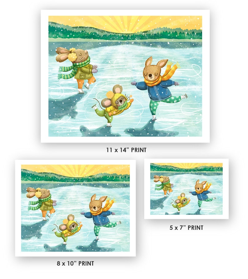 Sunny Ice Skating Animals - Cute Winter Print Snowy Cute Animals Ice ...