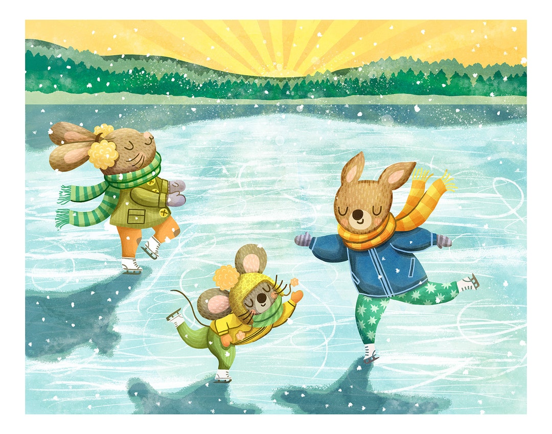 Sunny Ice Skating Animals - Cute Winter Print Snowy Cute Animals Ice ...