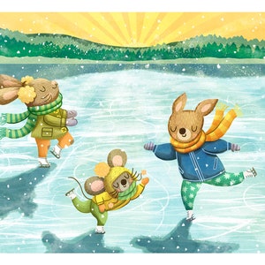 Sunny Ice Skating Animals - Cute Winter Print Snowy Cute Animals Ice ...