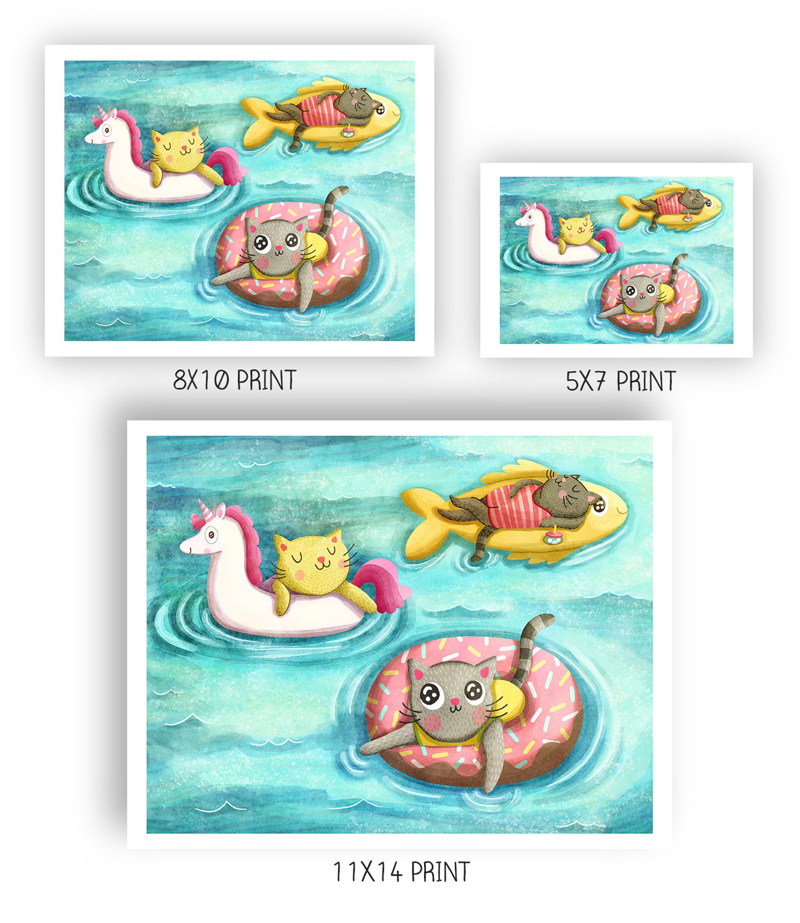 Cats in Pool Floats Cat Illustration Swimming Pool Art Print | Etsy