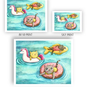 Cats in Pool Floats - Cat Illustration Swimming Pool Art Print Cats ...