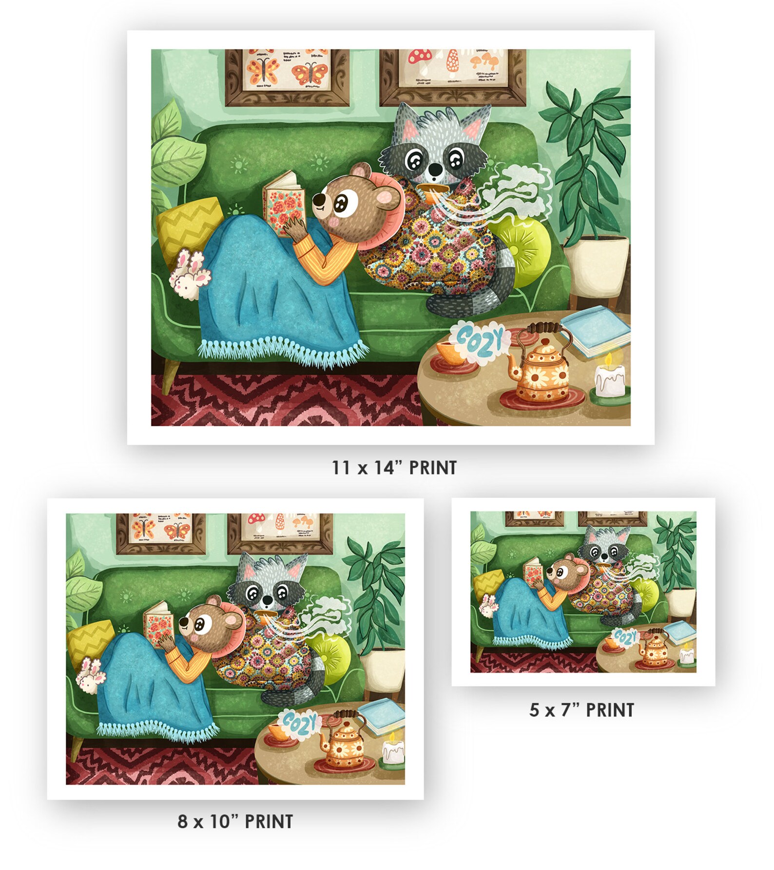Cozy Tea and Animals Reading Art Print: Raccoon and Bear - Etsy