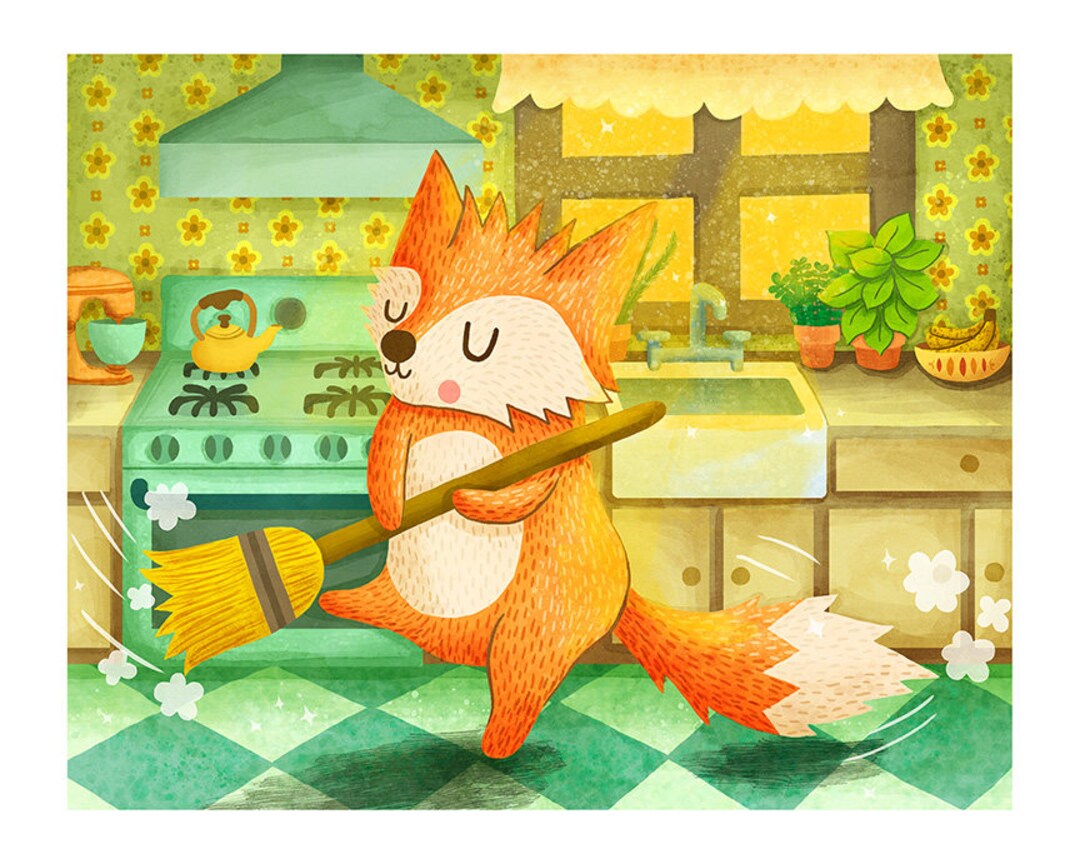 Spring Cleaning Fox - Cute Fox Print Kitchen Art Fox Art Print Fox ...