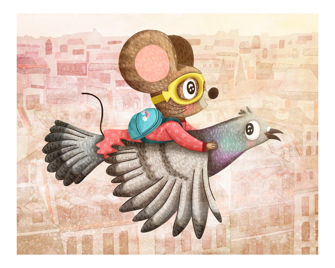 Mouse on Flying Pigeon Art Print: Whimsical Nursery Illustration - Etsy