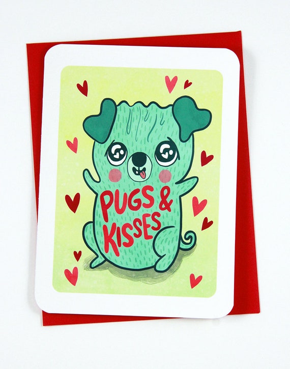 Pugs and Kisses Punny Valentines day card funny i love you | Etsy