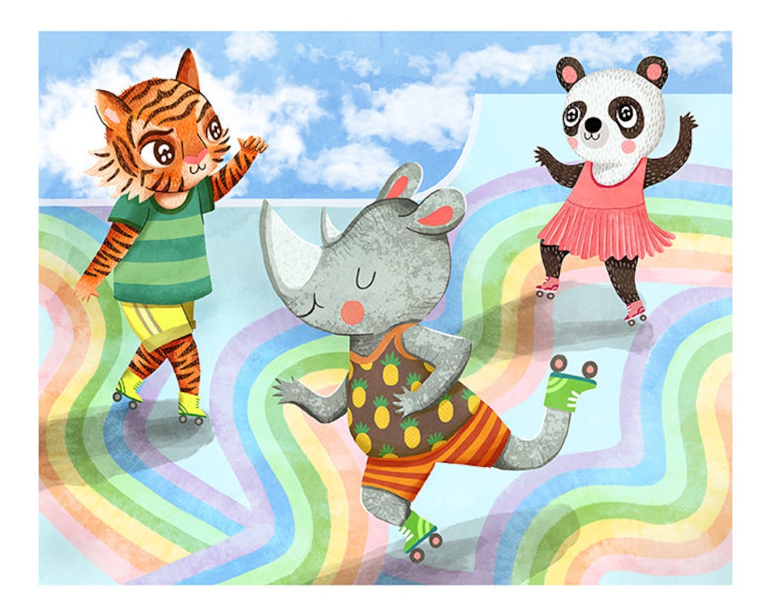 Rainbow Animals Roller Skating Art Print: Kids Room Decor - Etsy