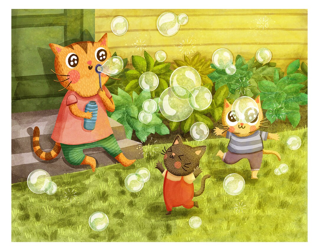 Bubble Cats Art Print- Cute Cat Print Summer Nursery Art for Kids Room ...