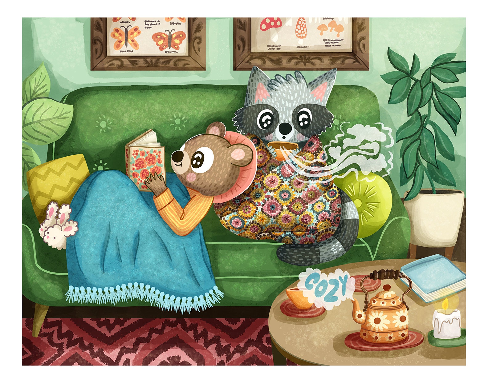 Cozy Tea and Animals Reading Art Print: Raccoon and Bear - Etsy