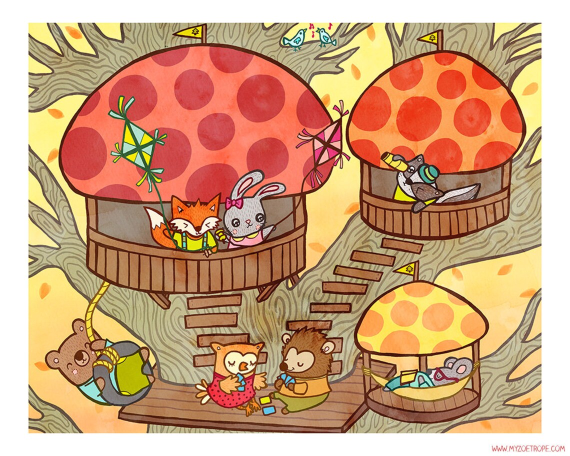 Woodland Animal Treehouse 8x10 or 5x7 Illustration Print - Etsy