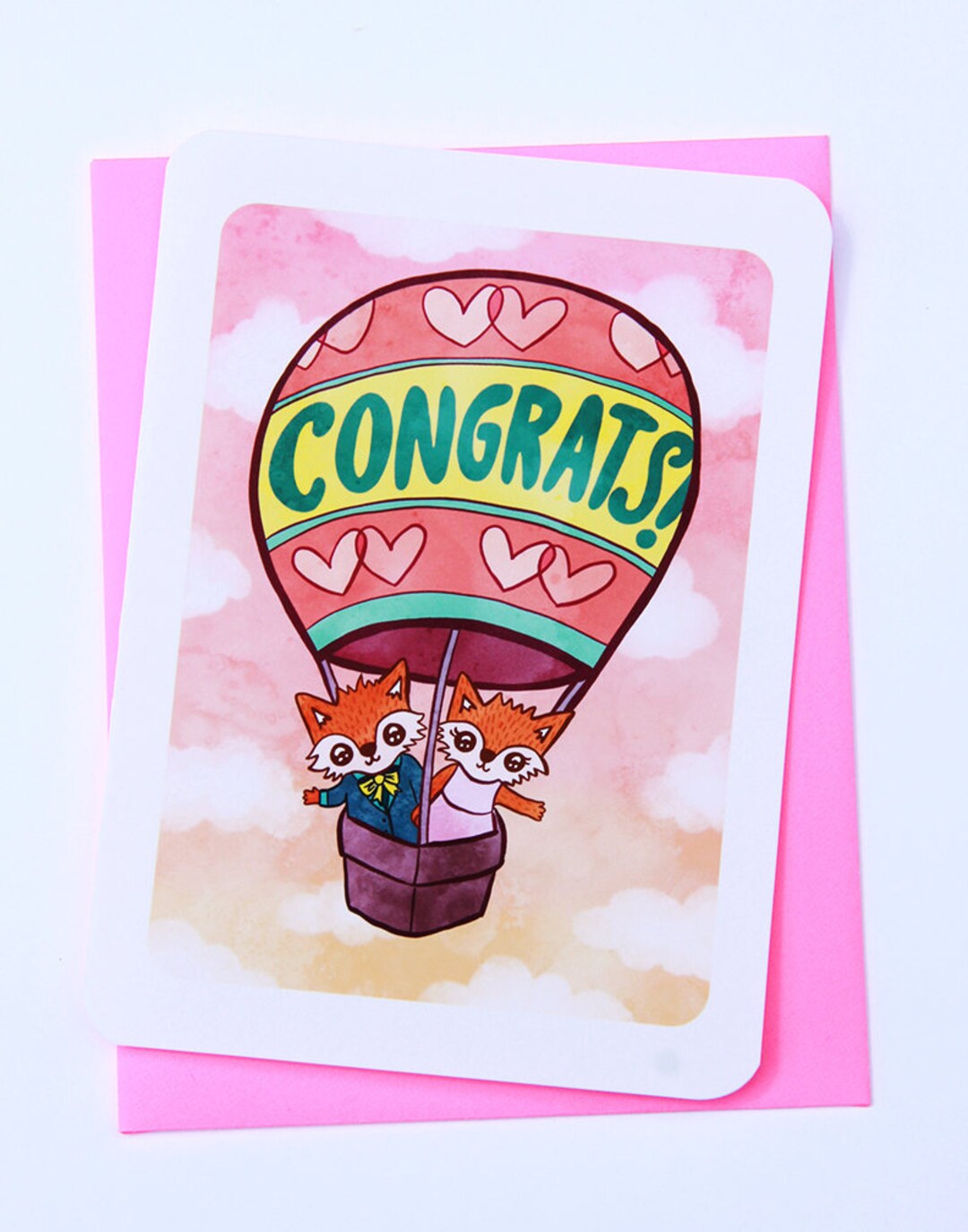 Ombre Fox in Hot Air Balloon Wedding Congrats Card - Etsy
