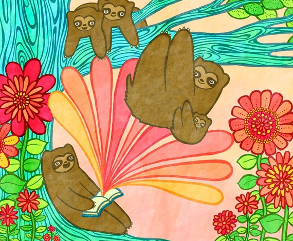 Items similar to Sloth Reading Adventure 8x10 Print on Etsy