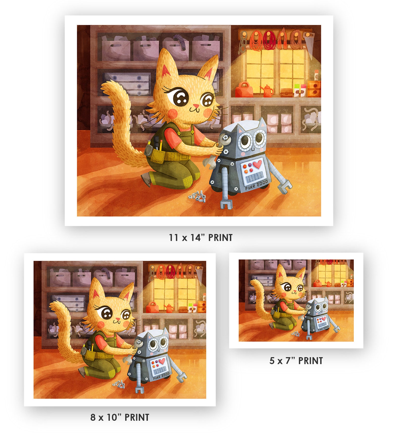 Cat Robot Art Print- Cute Cat Print Mechanic Illustration for Kids Room ...