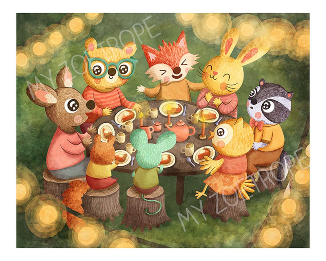 Woodland Animal Dinner Party Art Print: Whimsical Nursery Illustration ...