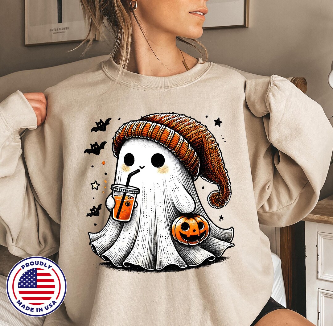 Ghost Coffee Sweatshirt,Сute Little Ghost Iced Coffee T-shirt,boo Ghost ...