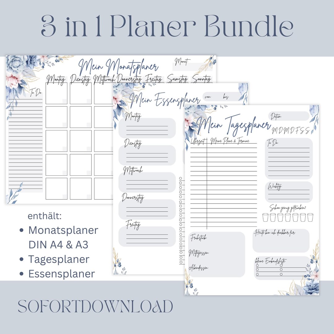 3 in 1 Planner Set for Printing Digital for Printing German Monthly ...
